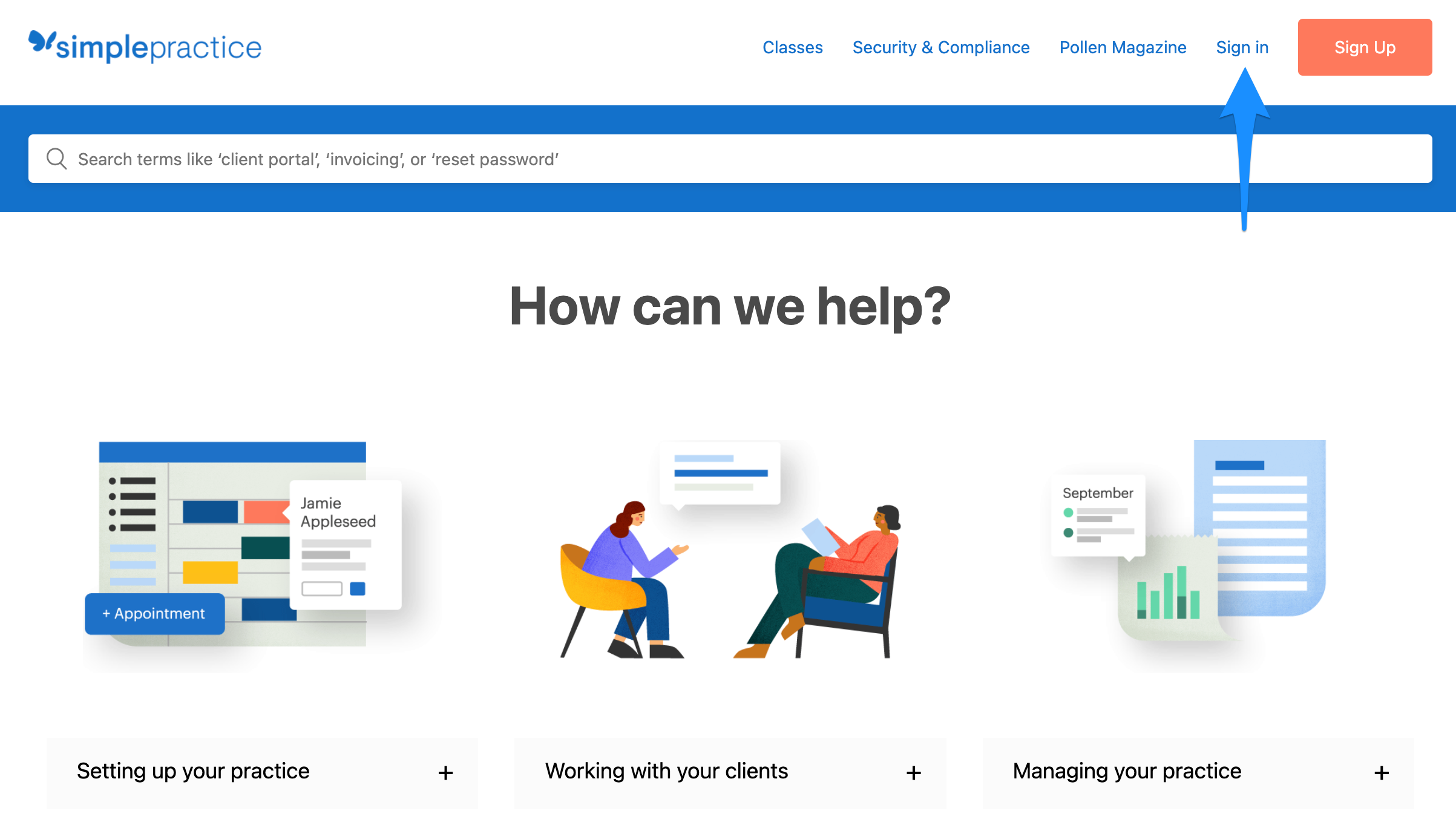 Logging in to SimplePractice and submitting help requests ...