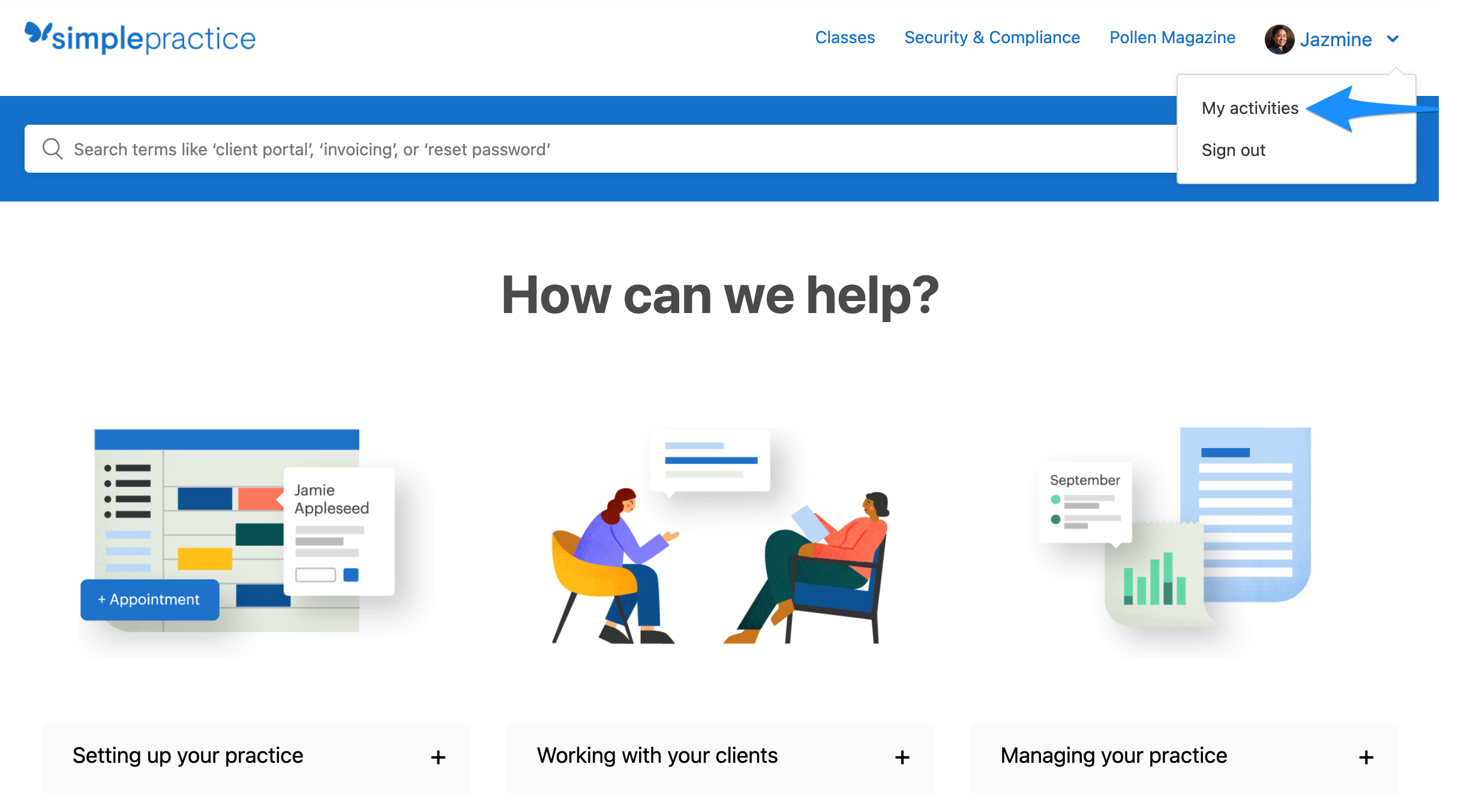 Logging in to SimplePractice and submitting help requests ...