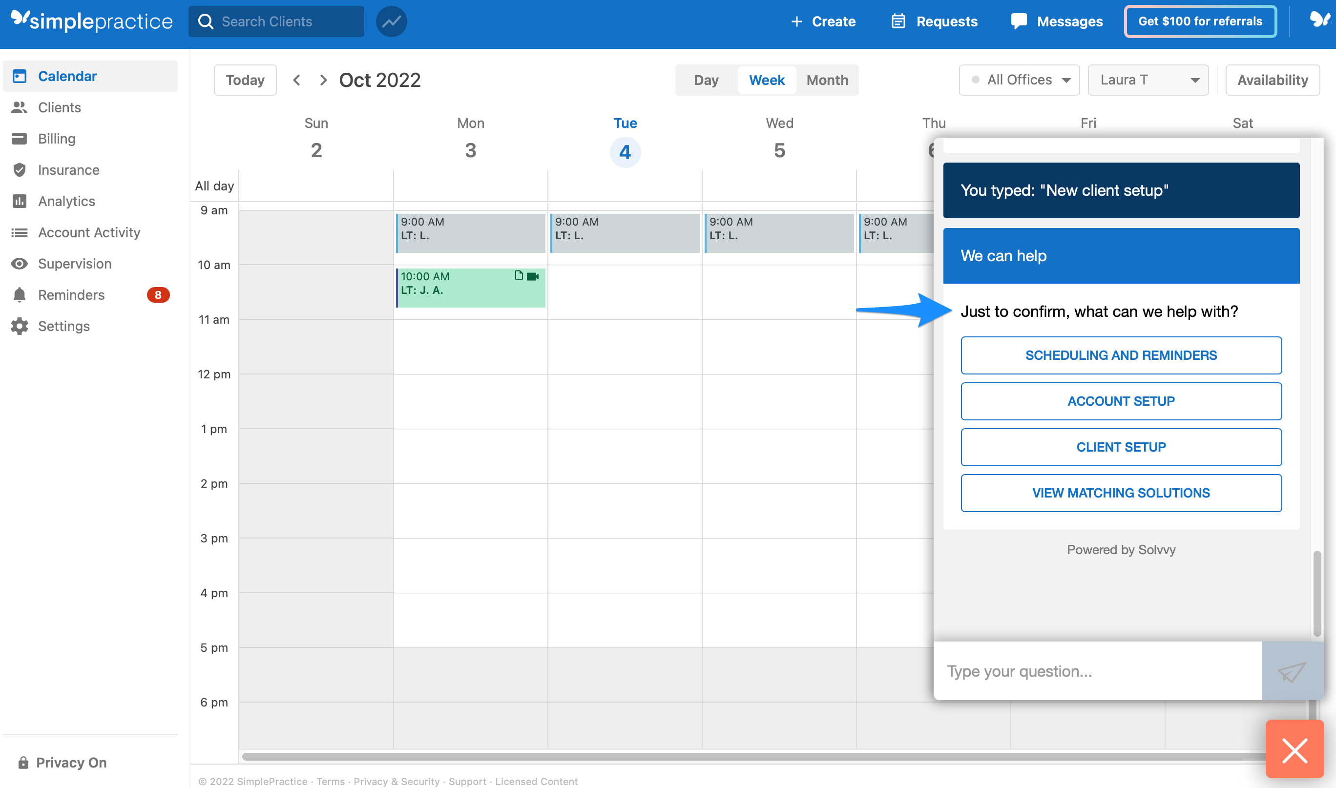 Logging in to SimplePractice and submitting help requests ...