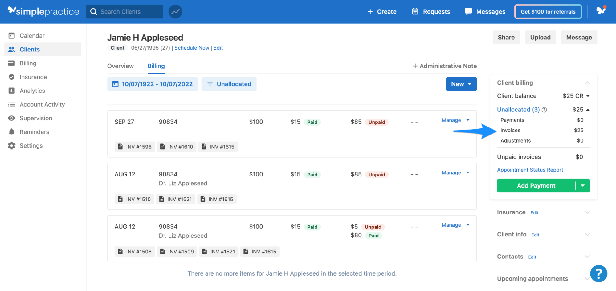 Reviewing a client's billing summary – SimplePractice Support