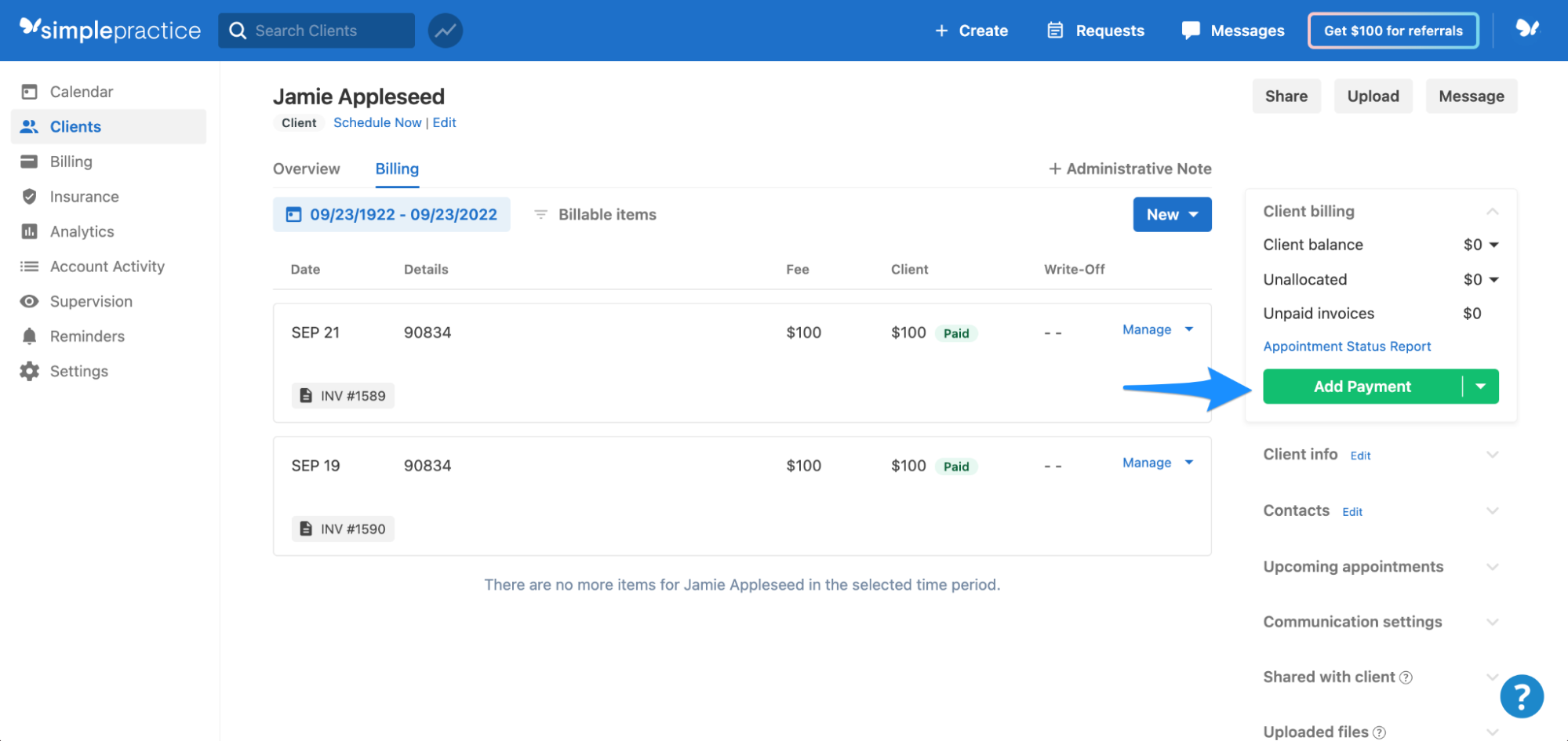 Reviewing a client's billing summary – SimplePractice Support